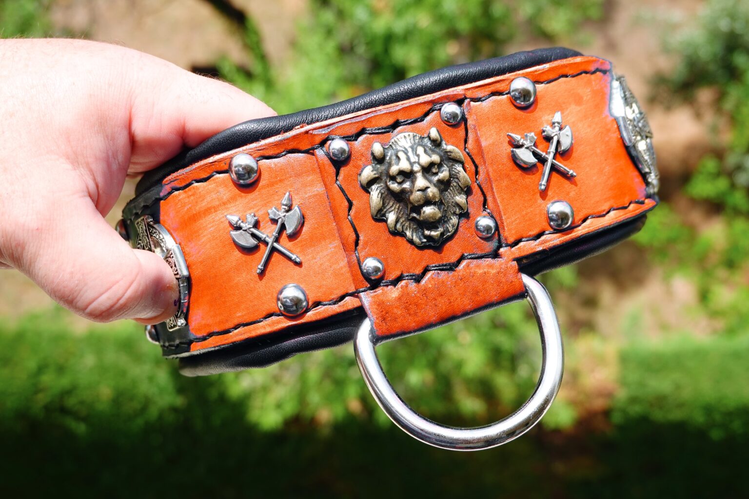 Orange Leather Dog Collar Medieval Design for strong breeds